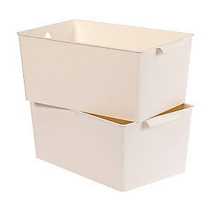 LUFOFOX Set of 2 Plastic Storage Baskets for Shelves with Labels,Small Pantry Organizer,White Storage Tray Baskets for Kitchen,Countertop,Cabinet, Bedroom,Office and Bathroom(Large,White)