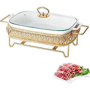 HONHPD 3 Pieces Set Gold Ceramics Chafing Dish Buffet Set, Full Size Chafers and Buffet Warmers W/Glass Lid, Underglaze Rectangle Food Warming Tray for Weddings Party（11inch, 13inch, 15inch）