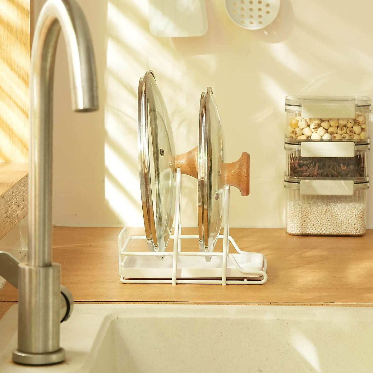 SUNFCON Upgraded Pot Pan Lids Holder Large Cookbook Stand Spoon Rest Cutting Board Rack Chopping Board Organizer Stand w Drip Tray Kitchen Countertop White