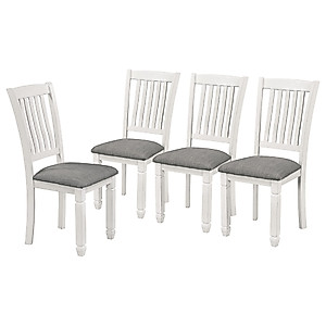 Merax 7-Piece Dining Table Set with 6 Upholstered Chairs, Neoclassical Style Wood Kitchen Dining Table with Shaped Legs, Kitchen Furniture Set for Family (Grey+White)