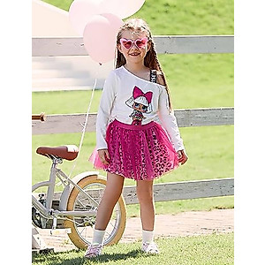 L.O.L. Surprise! Toddler Girl 2pcs Character Print Long-sleeve One-Shoulder Top and Leopard Pattern Pink Mesh Skirt Set Rose-3 5-6 Years