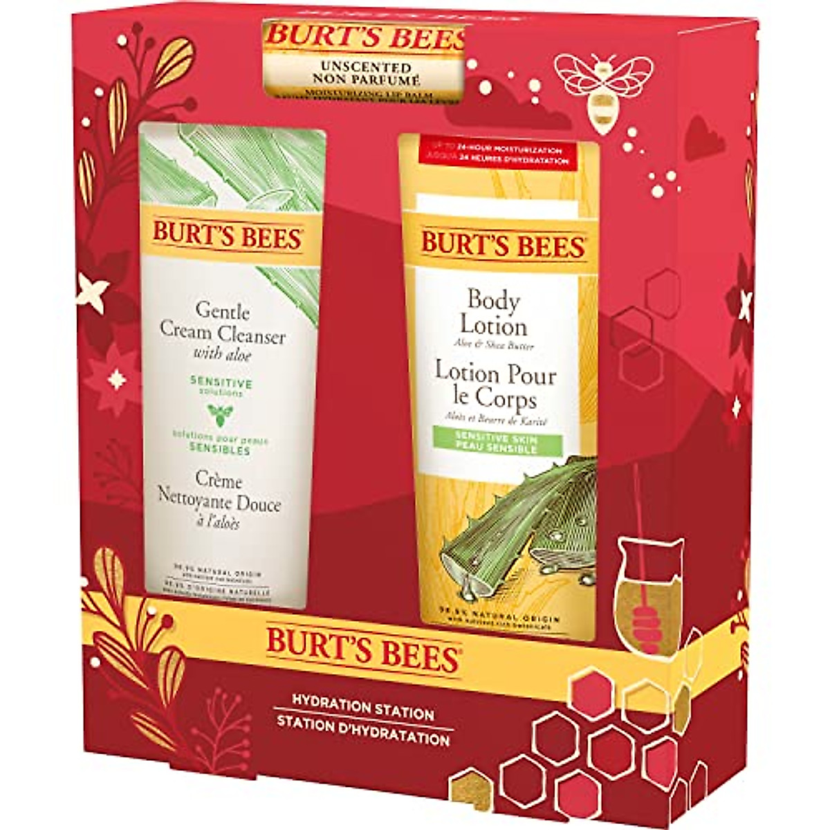 Burt's Bees Christmas Gifts, 3 Body Care Stocking Stuffers Products, Hydration Station Set - Unscented Lip Balm, Gentle Cream Cleanser & Aloe Shea Butter Body Lotion