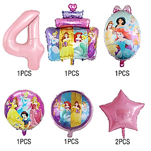 Princess Party 3rd Birthday Balloon Bouquet Decorations 7PCS Princess Foil Balloons For Girls Birthday Baby Shower Princess Themed Party Decorations (4th Birthday)