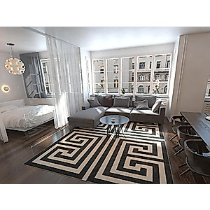 Unique Loom Athens Collection Classic Geometric Modern Border Design Area Rug, 9 ft x 12 ft, Black/Beige