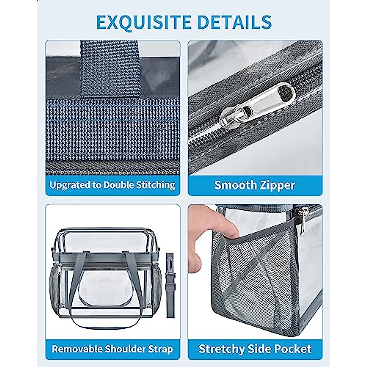 Paxiland Clear Bag Stadium Approved 12x6x12, Clear Stadium Bag for Women and Men, Clear Tote Bag Stadium Approved for Concert Work Festival Lunch, See Through Bag with Removable Straps - Grey