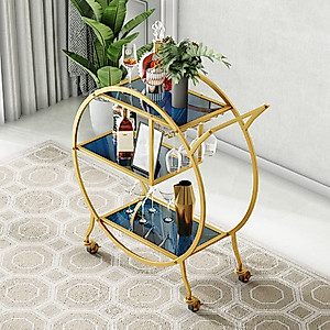 HEONITURE Bar Cart, Upgraded 3 Tier Gold Bar Serving Cart with Glass Holder and Wheels, Metal Handle Round Bar Carts for The Home, Kitchen, Living Room