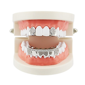 OOCC 18K Gold Plated Hip Hop Teeth Grillz Caps Iced Out CZ 2 pc Single Top 6 Bottom Vampire Fangs Grillz with Diamonds for Your Teeth (Silvery)