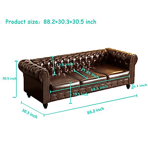ReyTinn Modern Chesterfield Button-Tufted Couch, 88.2" Brown PU Leather 3 Seater Sofa, Home Luxurious Upholstered Sofa Deep Seat Couch for Living Room Apartment Home Office