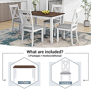 Kisyapoo Rustic Minimalist 5-Piece Dining Table Set with 4 X-Back Upholstered Chairs, Solid Wood Rectangular Table for Kitchen Living Room, Dining Set for 4 Persons (White)