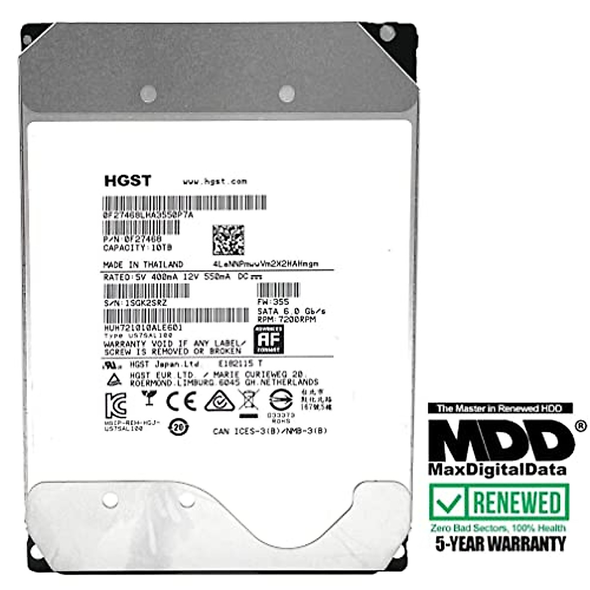 MDD - HGST He10 (HUH721010ALE601) 10TB 7200RPM 128MB Cache SATA 6.0Gb/s 3.5inch Enterprise Hard Drive - 5 Year Warranty (Renewed)