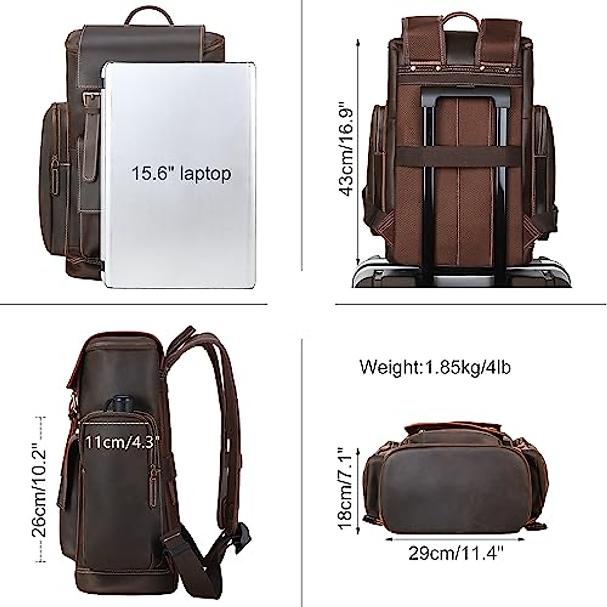 Masa Kawa Leather Backpack for Men 15.6 Inch Laptop Computer Bag Large Vintage Hiking Daypack Business Travel Rucksack, Brown