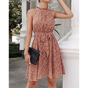 BTFBM Women 2025 Halter Neck Summer Dresses Casual Sleeveless Floral Polka Dot Print Ruffle Mini Boho Beach Sun Dress(Floral Print Red, Medium)