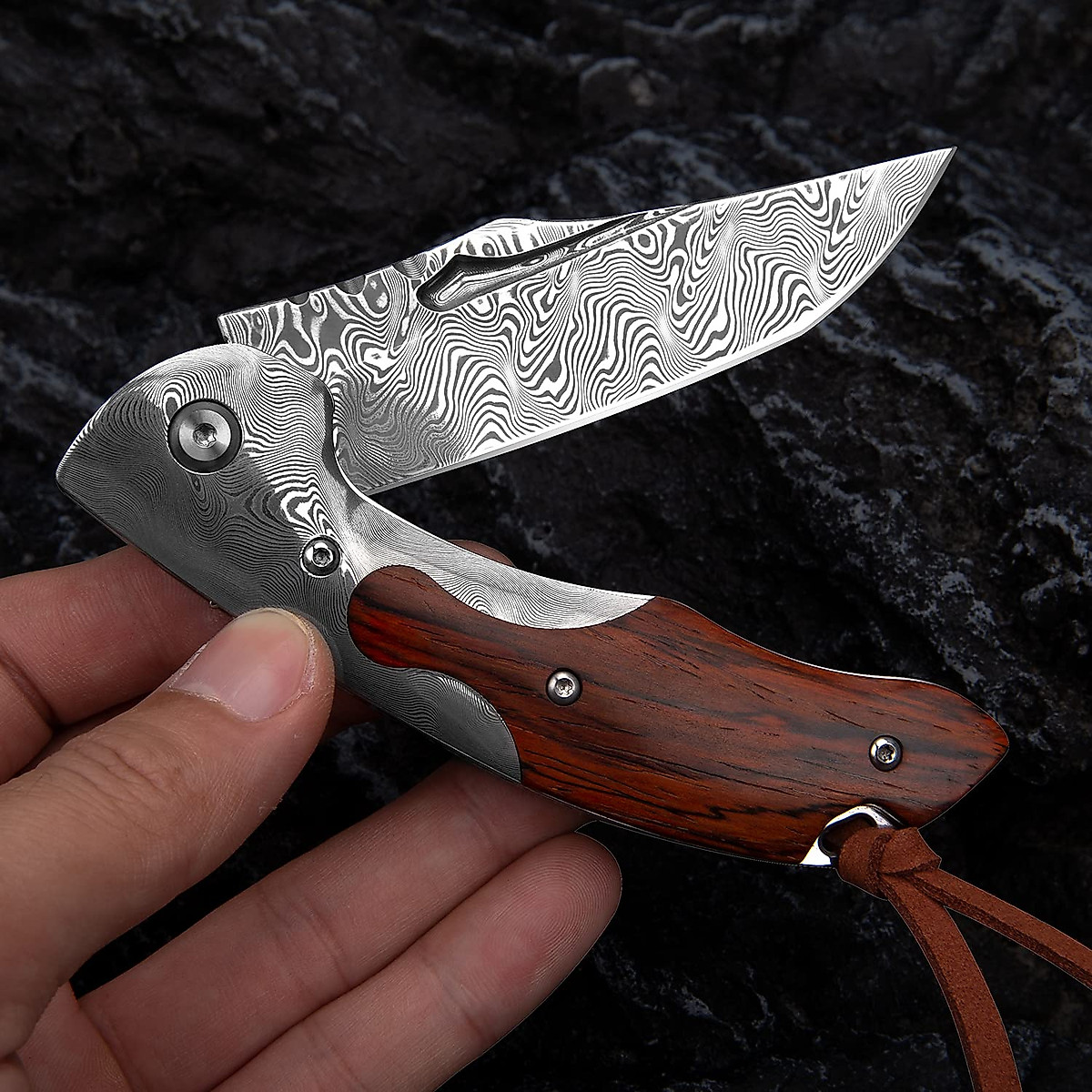SPIRIT DEED Damascus Pocket Knife for Men,Handmade 3.4in Sharp Blade,Damascus Steel and Rosewood handel EDC,Leather Sheath Outdoor Survival Tool for Hunting