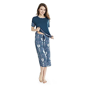 INK+IVY Pajamas for Women - Short Sleeve and Capri Pants PJ Set Loungewear, Casual Soft Breathable Sleepwear, Large, Bohemian Night Navy 2 Piece
