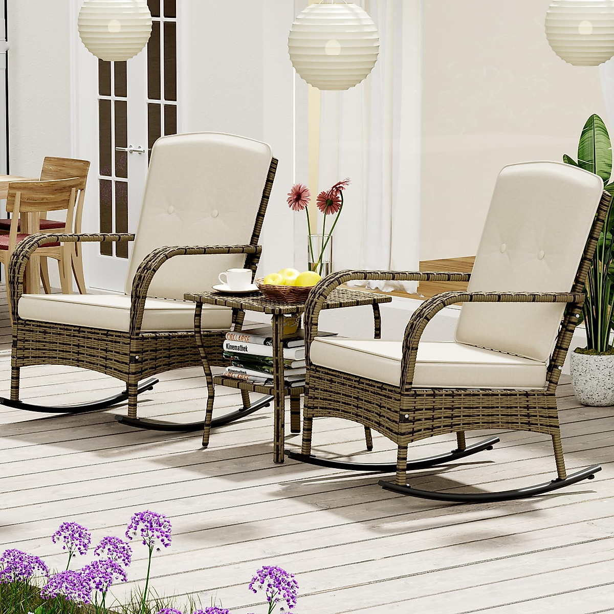 BALDPER 6 Pieces Patio Conversation Set, Outdoor Rocking Chairs, Wicker Bistro Set, Outdoor Furniture Set with Porch Chairs and Coffee Table for Deck Garden Poolside, Beige