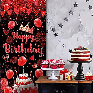 Red Birthday Party Banner Decorations, Red and Black Happy Birthday Door Cover Backdrop Glitter Crown Banner Sign for Kids Girls Women Men Birthday Photo Booth Background Front Door Supplies,73''X36''