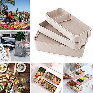 Rarapop Beige Stackable Bento Lunch Box Kit, 3-In-1 Compartment Wheat Straw Lunch Containers with Tableware, Reusable On-the-Go Meal and Snack Containers