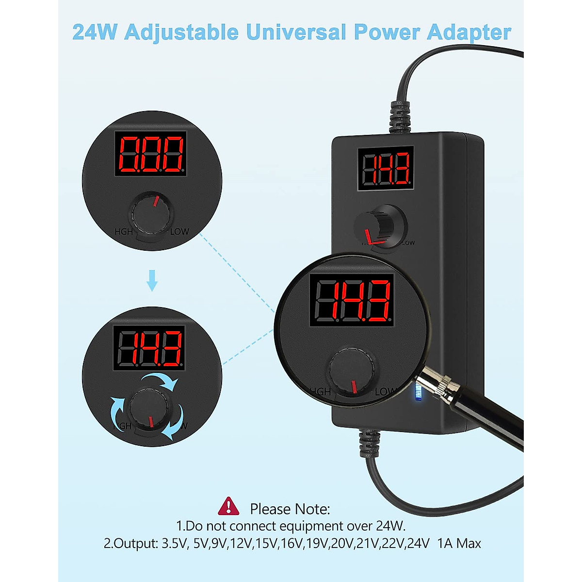 Aclorol AC Adapter 24V 1A Universal Power Adapter 24W 15V 12V 9V 6V 3V 1A 800mA 500mA 1000mA Adjustable DC Power Supply Universal Chargers 14 Plugs 100-240V AC to DC 3V~24V with Polarity Converter