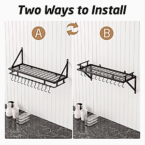 KES 30-Inch Kitchen Pan Pot Rack Wall Mounted Hanging Storage Organizer Wall Shelf with Hooks Matte Black, KUR215S75A-BK