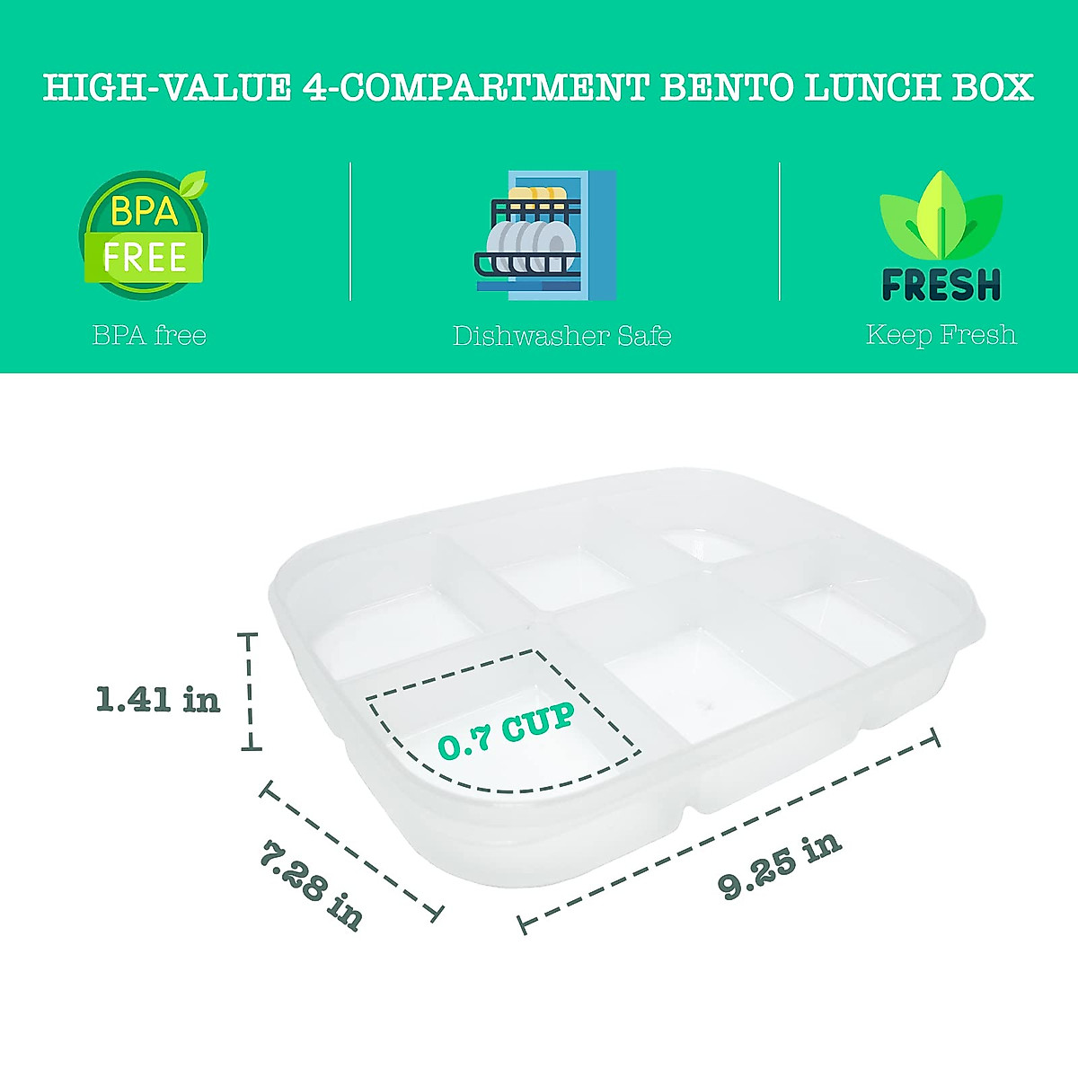 TeTeBak Bento Box - 6-Compartment Reusable Bento Lunch Box for School, Work, and Travel, Food Prep Containers, Snack Containers for Kids, Portion Control Bento Lunch Box for adult, Set of 2, Clear