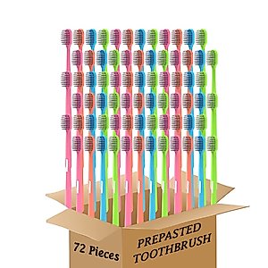 N-amboo Colorful Prepasted toothbrushes Soft Bristles Adult Size Disposable Toothbrush Individual Package Travel Toothbrush (72 Pieces)