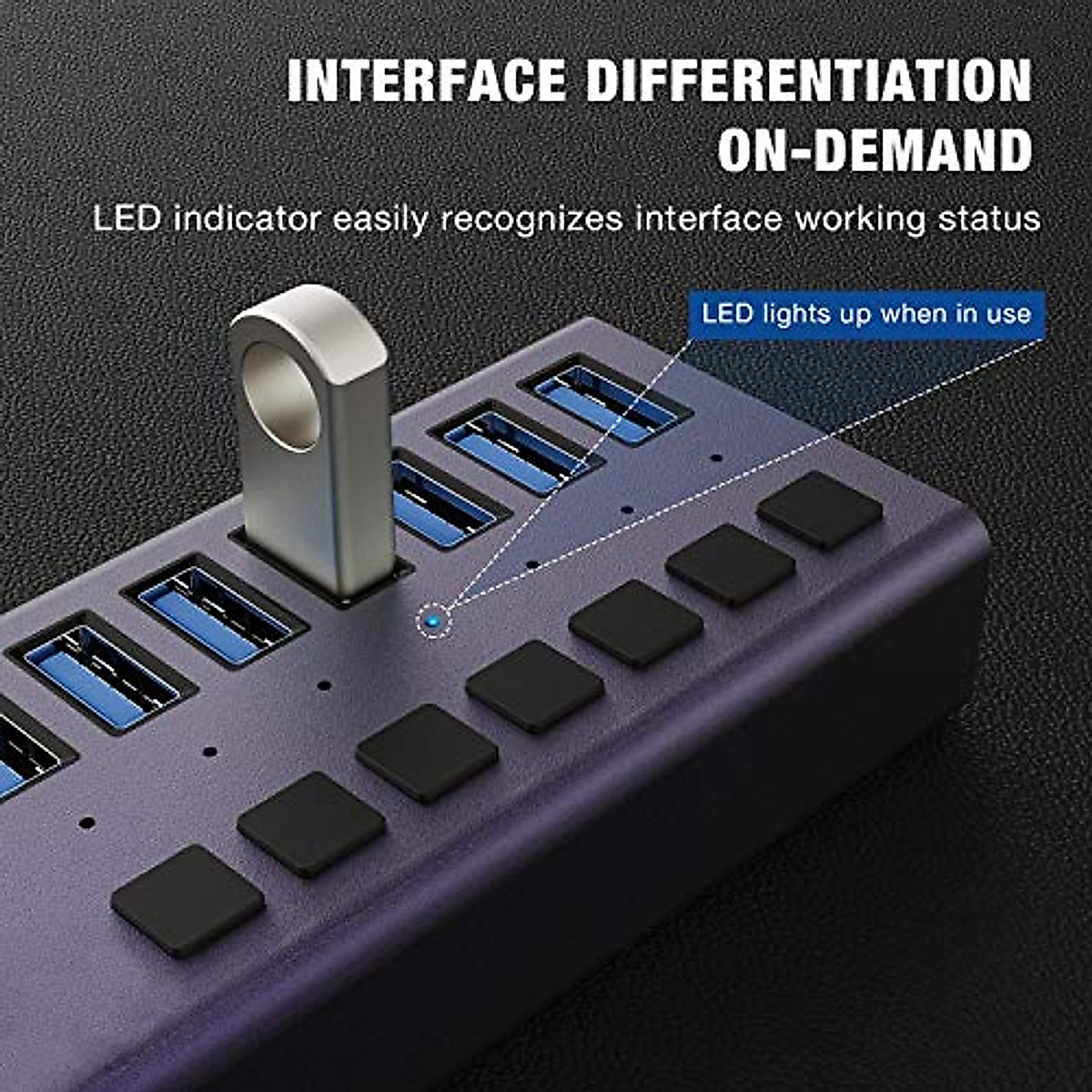 USB 3.0 Hub -7 Ports Powered USB Hub 36W USB Charging Hub with Individual On/Off Switches and 12V/3A Power Adapter and Light for PC, Laptop, Computer, Mobile HDD, Flash Drive and More（Purple）