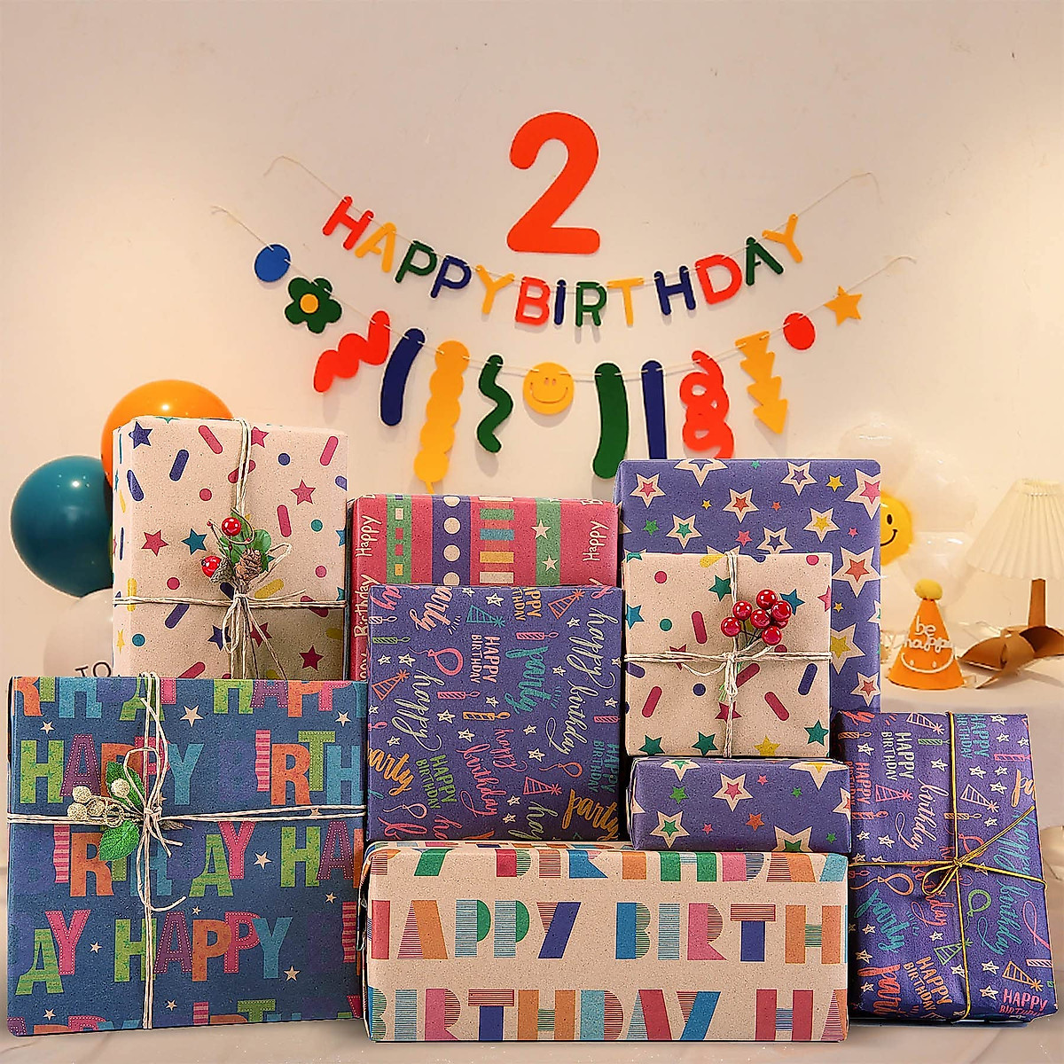 Larcenciel Birthday Wrapping Paper, 6 Sheets Kraft Gift Wrapping Paper with Cut Lines on Reverse, Happy Birthday Wrapping Paper for Boys Girls, Stars Gift Wrap for All Birthday,Baby Shower,27.5x19.6in