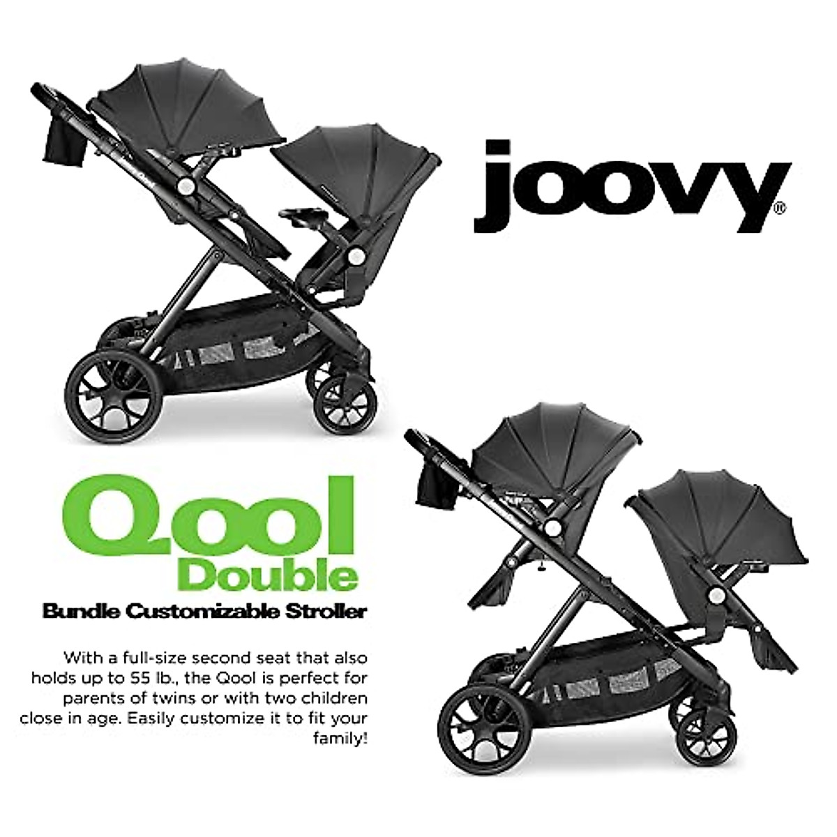 Joovy Qool Double Bundle Double Stroller with Reconfigurable Seats, Magnetic Safety Harness with Padding, UPF 50 Sun Canopy, and Large Storage Basket, Jet