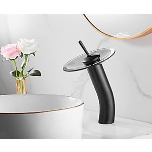 Waterfall Black Bathroom Vessel Faucet Glass Spout 360° Swivel Single Handle One Hole Solid Brass Bowl Faucet Bath Lavatory Vessel Sink Vanity Faucet Tall Body for Above Counter Sink