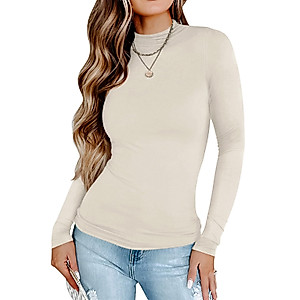 PINKMSTYLE Womens Mock Turtleneck Long Sleeve Tops Double Lined Tight Shirts Base Layer Fall Outfits Cream Small