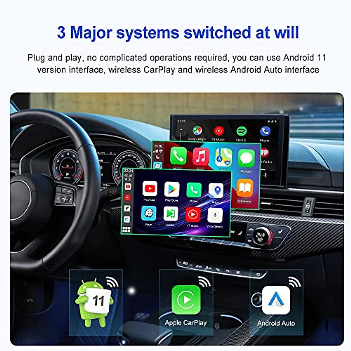 CarPlay AI Box Mini Android 11, Wireless 3-in-1 CarPlay Adapter, Watch YouTube and Netflix in Your Car, Wireless CarPlay and Android Auto, QCM2290, 3G+32G, for OEM Wired CarPlay Car