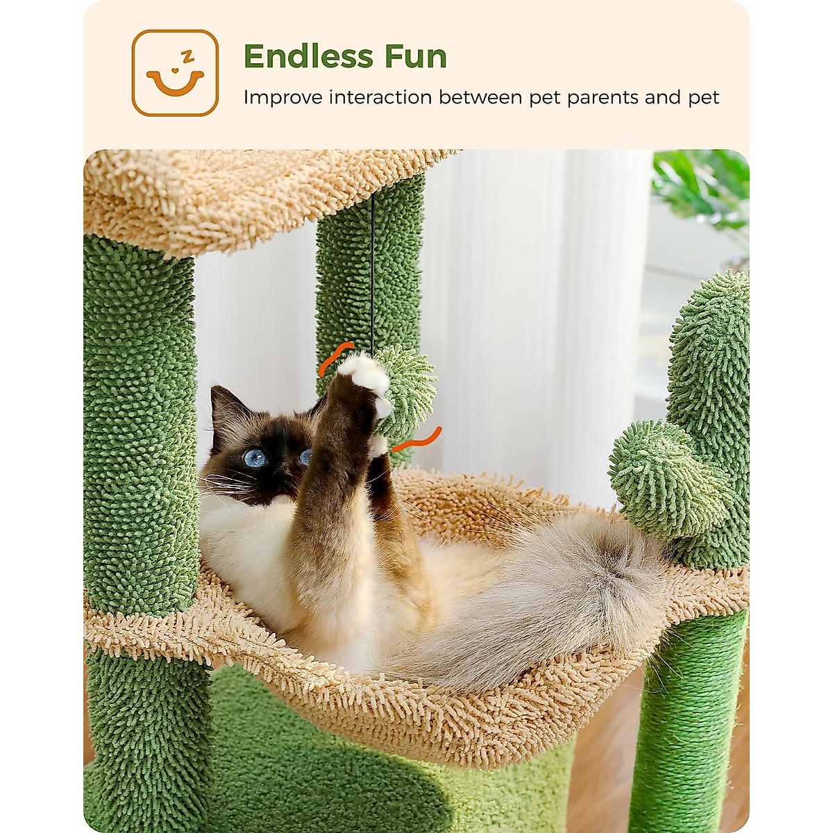 PEQULTI 4-in-1 Cactus Cat Tree, 33'' Cat Tower for Indoor Cats with Large Cat Condo, Cat Scratching Post for Cats with Deep Hammock& Cozy Top Perch,Green