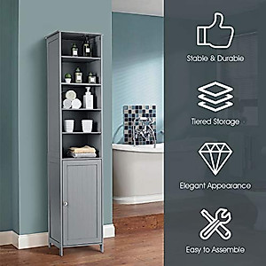 Tangkula 72 Inches Tall Cabinet, Bathroom Free Standing Tower Cabinet with Adjustable Shelves & Cupboard with Door Space Saving Cabinet Organizer Home Storage Furniture (Gray)