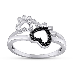 Round Cut White & Black Diamond Paw Print Promise Ring In 14K White Gold Over Sterling Silver (0.10 cttw) Ring Size-7