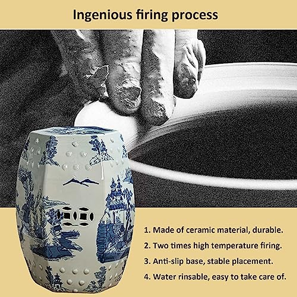 KIROJA Decorative Ceramic Garden Stool, Glazed Hollow Landscape Celadon Shoe-Changing Stool Drum Stool, Suitable for Outdoor Garden, Living Room, Terrace, Etc.