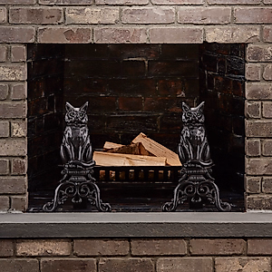 UniFlame, A-1251, Black Cast Iron Cat Fireplace Andirons with Reflective Glass Eyes