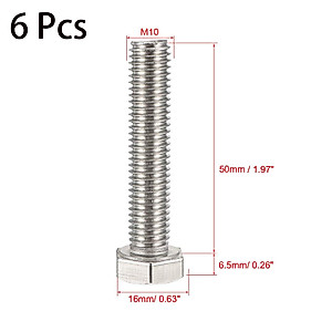 6 Pcs M10 Hex Bolt M10-1.5 x 50mm UNC Hex Head Screw Bolts A2-70(304) Stainless Steel Fully Threaded Hex Tap Bolts，Plain Finish，Fully Threaded (M10 x 50mm)