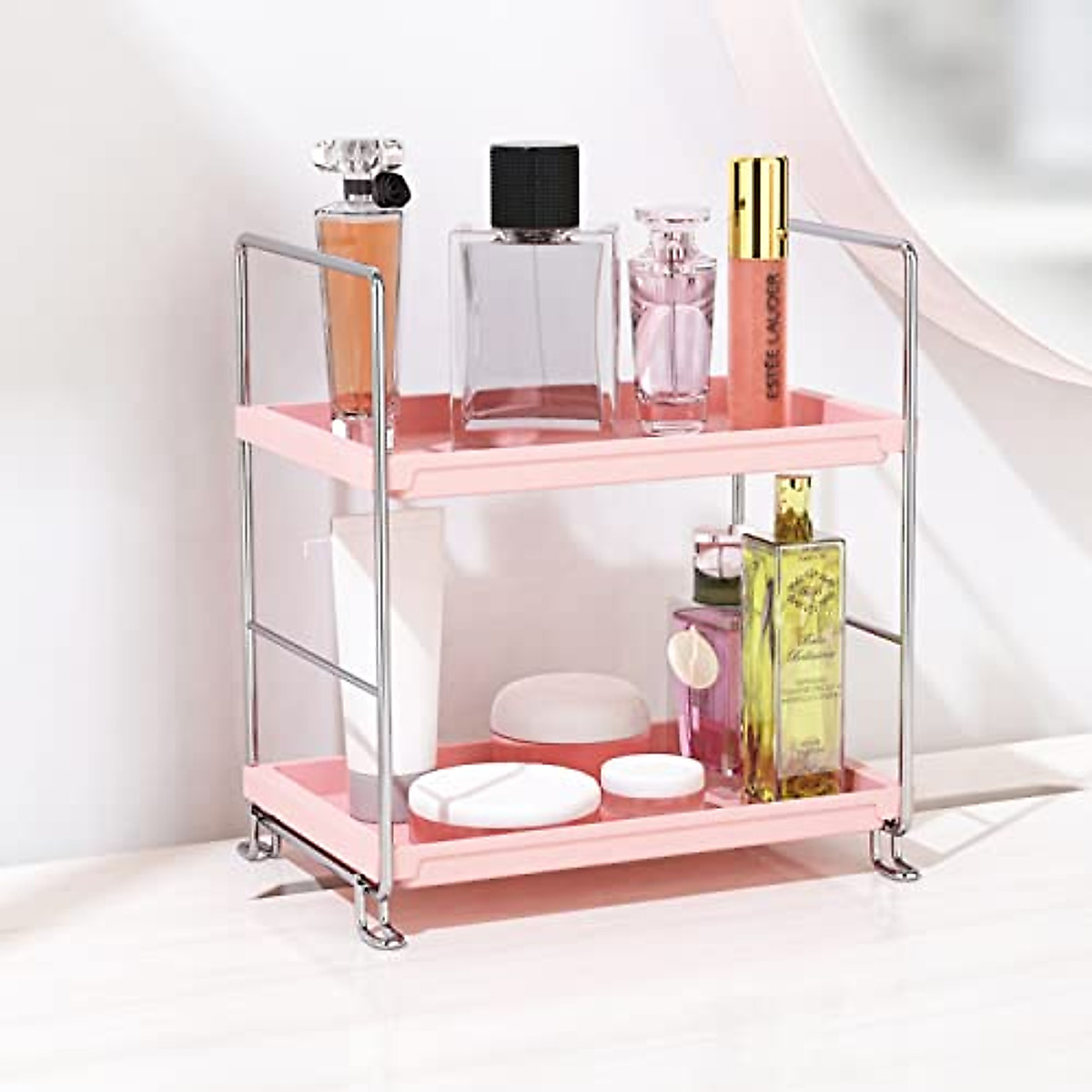 JANUS LiANG 2-Tier Bathroom Countertop Organizer Makeup Organizer Perfume Cosmetic Holder Standing Counter Shelf for Vanity, Bathroom, Bedroom (Pink & Silver)