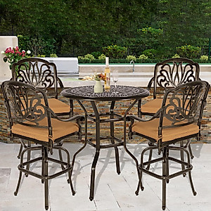 SOCIALCOMFY 5 Piece Bar Height Patio Dining Set, All Weather Cast Aluminum Swivel Bar Stools Chair Set of 4 and 35.4" High Bar Table W/Umbrella Hole, Outdoor Bar Table & Chairs Set for Deck Garden