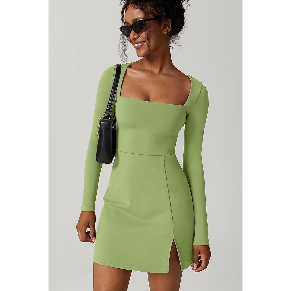 QINSEN Womens Light Green Mini Dress Long Sleeve Square Neck Side Slit Tennis Dresses L