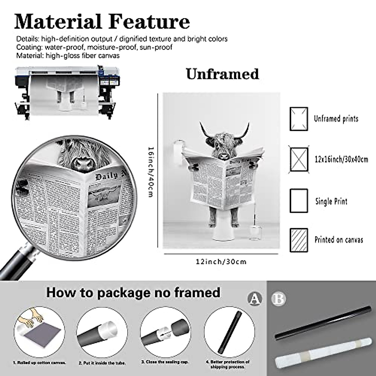 WOKEZ Funny Highland Cow Canvas Wall Art Print Painting Cute Black and White Cow Picture Animal Posters Rustic Farmhouse Style Wall Decor for Office Bathroom Restroom 12x16in Unframed