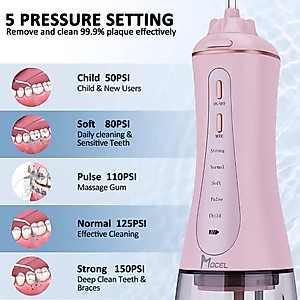 MOCEL Water Dental Flosser Oral Irrigator with 5 Modes, 350ml Cordless Water Teeth Cleaner Pick 6 Tips, IPX7 Waterproof Portable Powerful Battery for Travel & Home Braces & Bridges Care (Pink)
