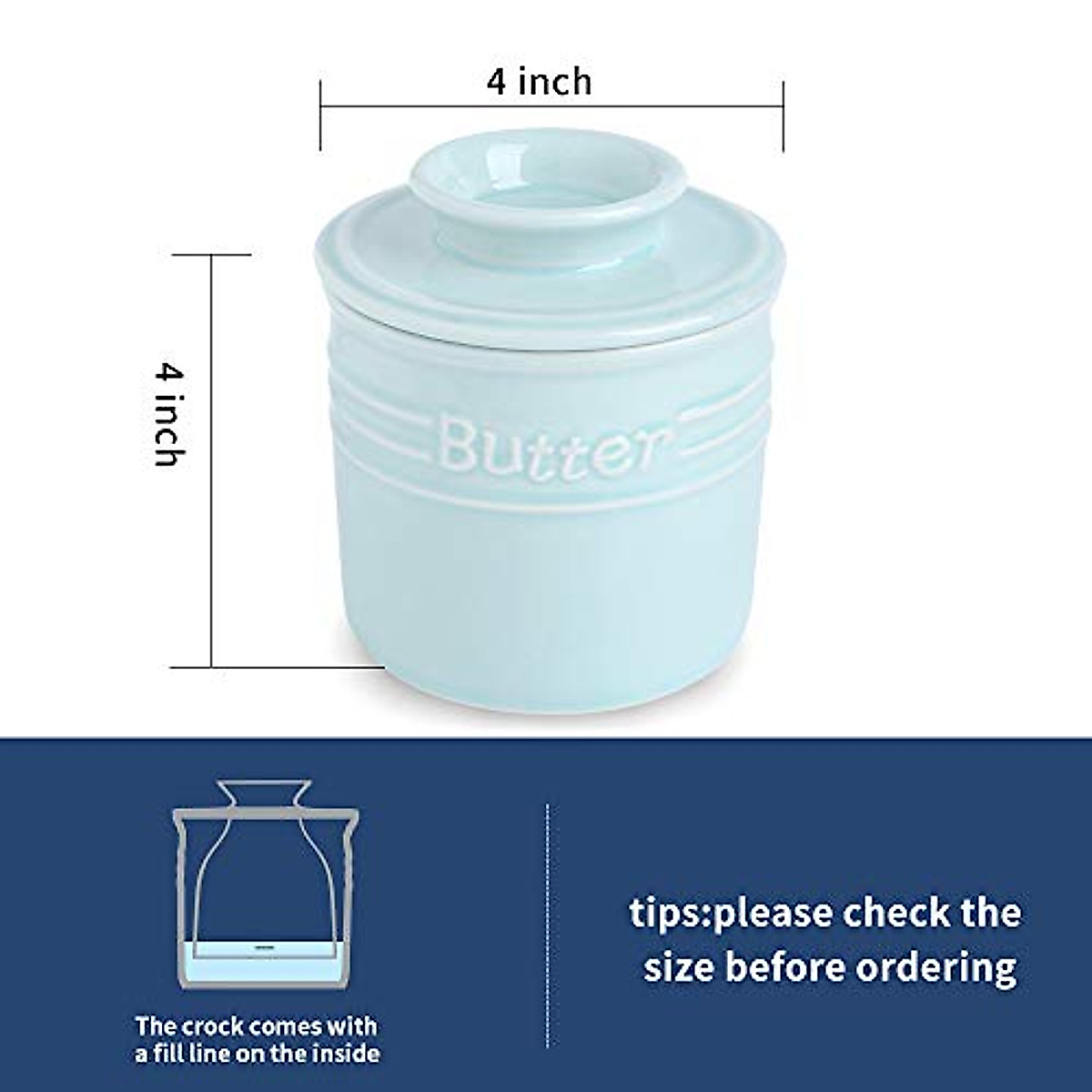KOOV Porcelain Butter Crock, French Butter Dish, Ceramic Butter Keeper for Counter, Big Capacity, Elegant Blue Collection (Sky)