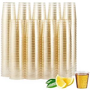 MATANA 200 Gold Glitter Shot Glasses 2oz - Elegant Clear Plastic Party Cups Tumblers for Wine Tasting, Food Sample, Dessert, Cocktail, Jello for Wedding, Reception, Girls' Parties, Birthday & Events