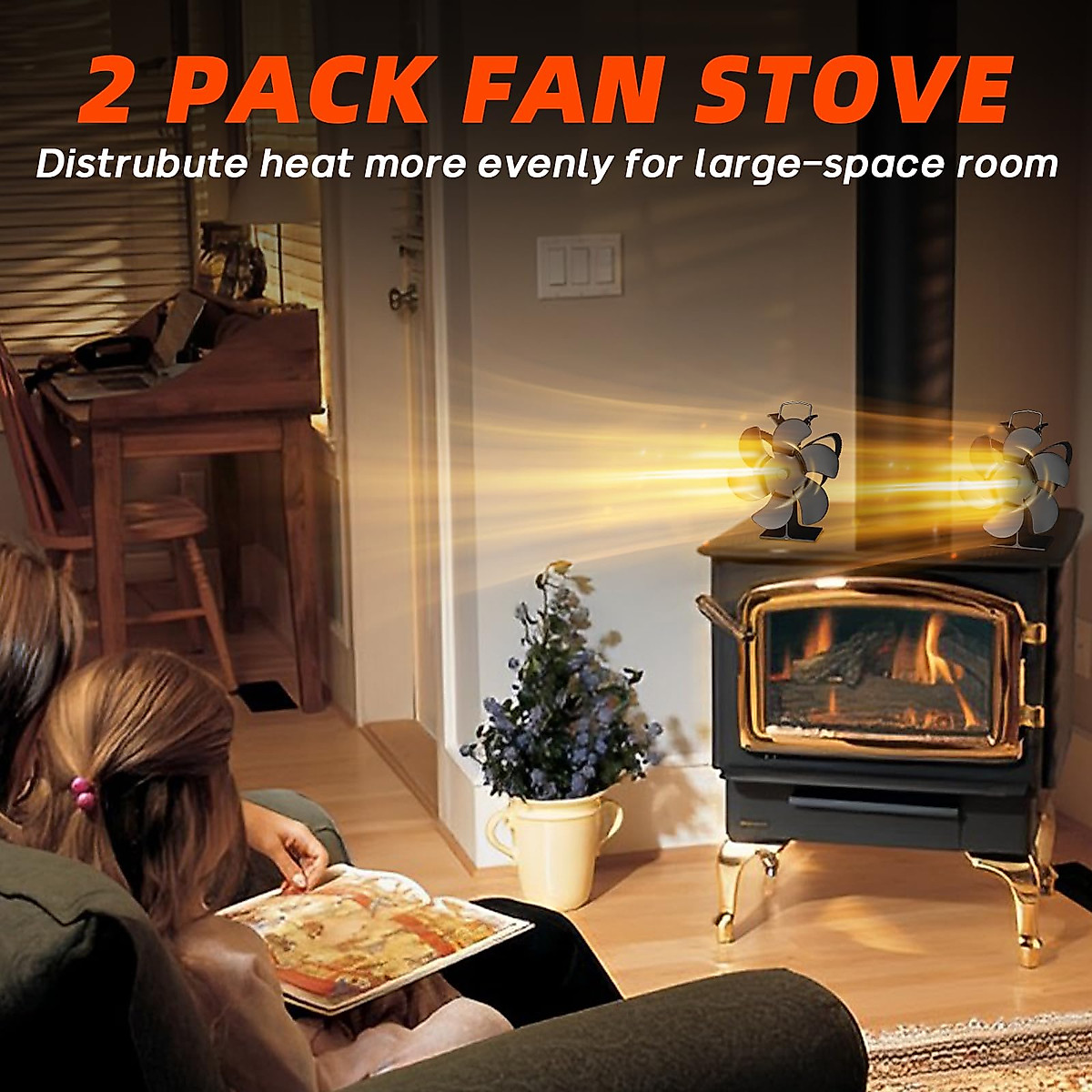Hoyula 6 Blades Fireplace Fan, Wood Stove Fan Heat Powered Thermal Fan Heat Activaed for Wood Burning Fireplace, 2 Pack