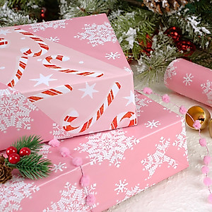 LaRibbons Reversible Christmas Wrapping Paper Jumbo Roll with Pink Pom Pom, Classic Candy Cane/Snowflake Gift Wrap Set for Christmas, Party, Holiday Celebration, 30 Inch × 40 Feet (100 sq. ft. ttl.)