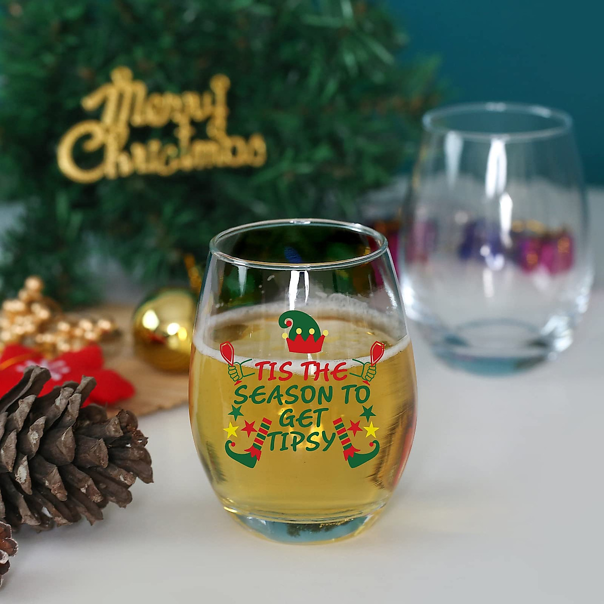 Tis the Season to Get Tipsy Christmas Stemless Wine Glass, Christmas Gift Wine Glass for Friends Dad Mom Women Men Family Christmas Holiday Wedding, 15 Oz