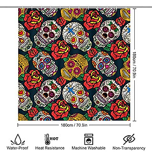 Dead Day Skull Shower Curtain Sets with Non-Slip Rugs, Toilet Lid Cover and Bath Mat, Halloween Floral Bathroom Decor Set Accessories Waterproof Shower Curtains