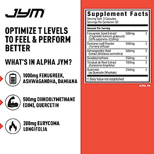 Alpha JYM Testosterone Support | Male Vitality, Hormone Optimization, Ashwagandha, Fenugreek, Eurycoma, Damiana, Quercetin, DIM | JYM Supplemental Science | 180 Vegetarian capsules