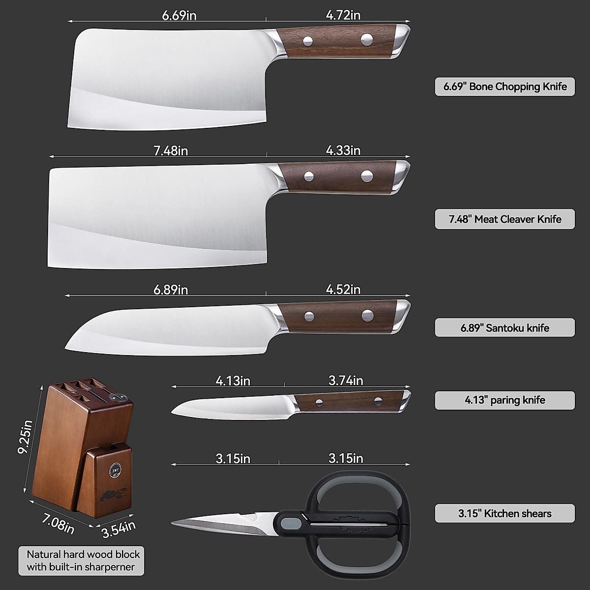 Kitchen Knife Block Set, Chinese High Carbon Stainless Steel Kitchen Knife Set with Block Original Wooden and Shears, Built-in Sharpener, 7 Pieces